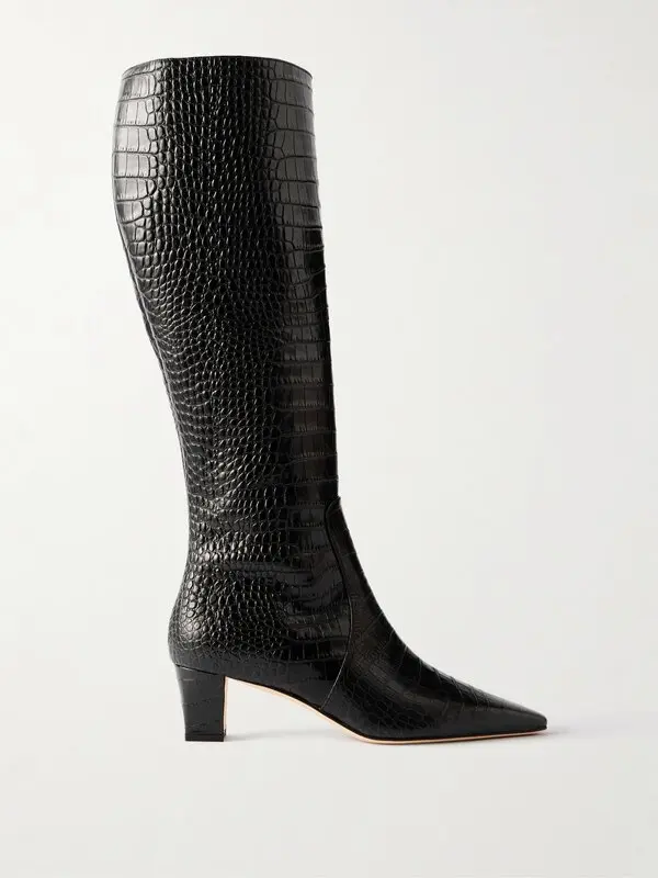 Manolo Blahnik Penelope Knee High Croc-effect Leather Boots