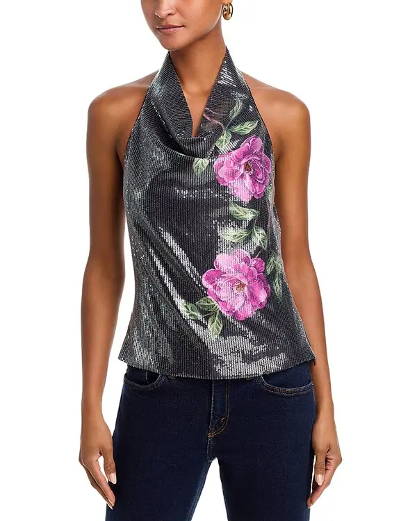 Aqua Sequin Floral Halterneck Top