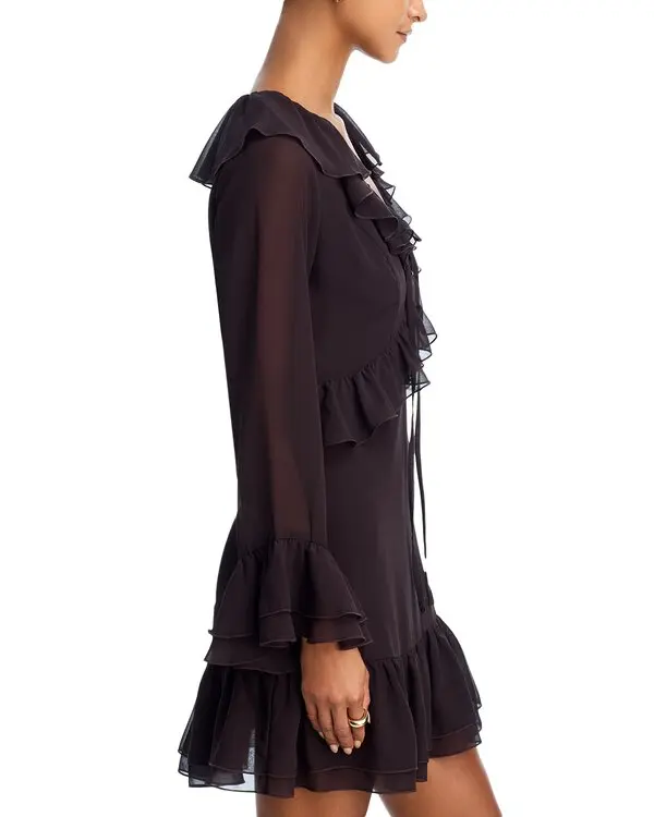 Aqua Ruffle Long Sleeve Mini Dress - Espresso