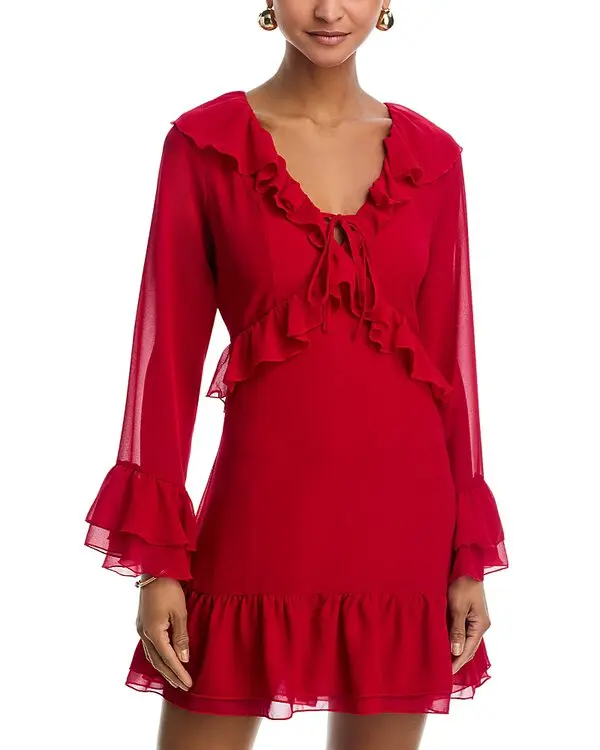 Aqua Ruffle Long Sleeve Mini Dress - Red