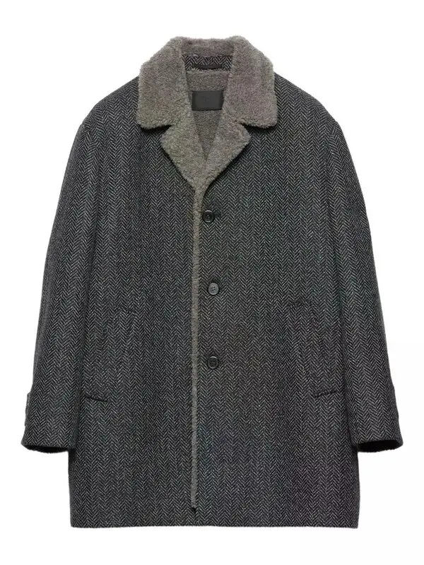 Prada Herringbone Shearling-collar Coat