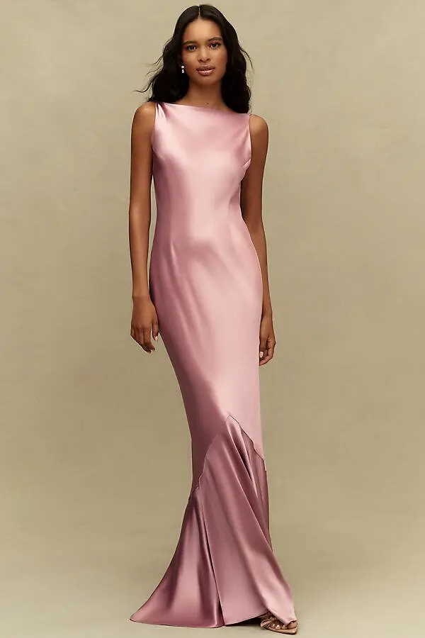 Retrofete Ambrosia Straight-neck Ruffled Satin Maxi Dress - Vintage Rose