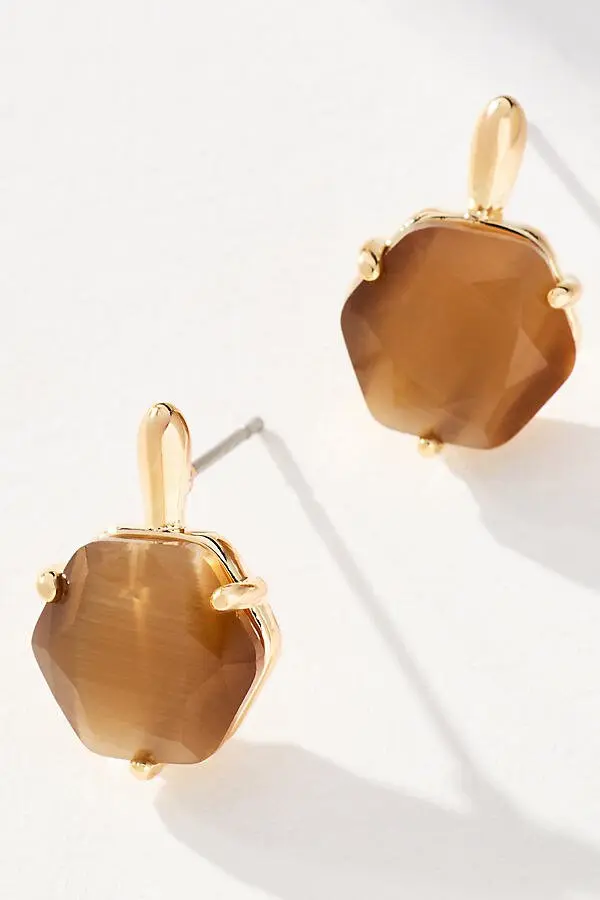 Anthropologie Hexagon Stone Stud Earrings - Brown Cats Eye
