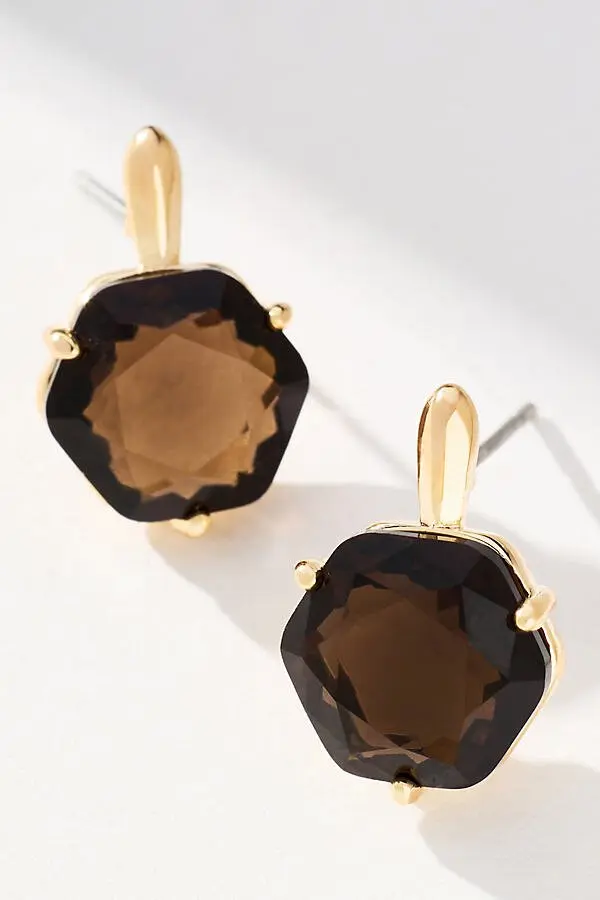 Anthropologie Hexagon Stone Stud Earrings - Dark Smokey Quartz