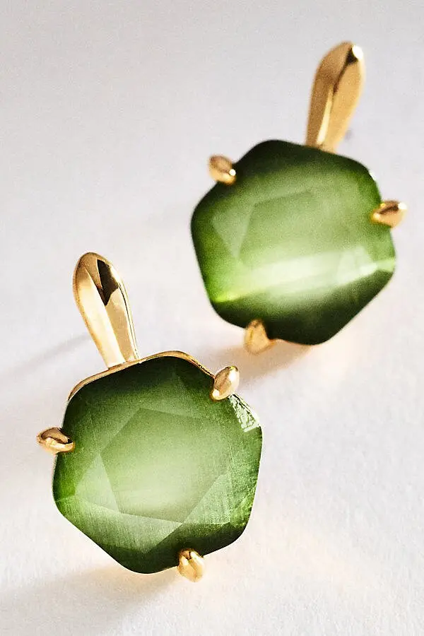 Anthropologie Hexagon Stone Stud Earrings - Green Pattern