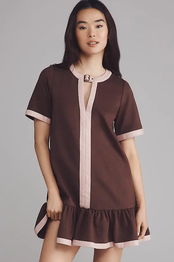 Maeve Colorblock Leather-Trim Mini Dress In Brown - 81% Off | Editorialist
