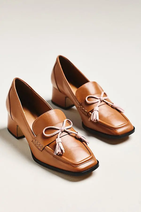 Maeve Bow Detail Loafer Heels - Tan / Pink