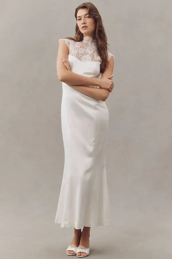 Bhldn Cap-sleeve Lace Stretch Satin Maxi Dress