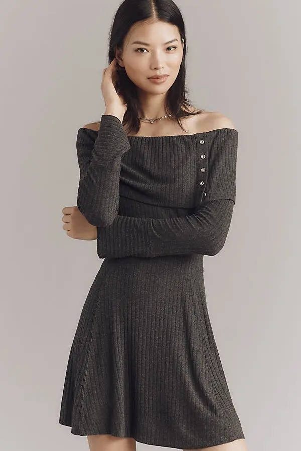 slim fit dress slacks Ribbed Off The Shoulder Midi Dress main image 1