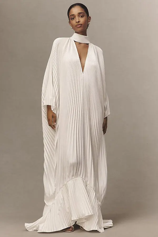 chinese dress ladies Elegant Long Sleeve Pleated Maxi Dress with Chic Side Pleats