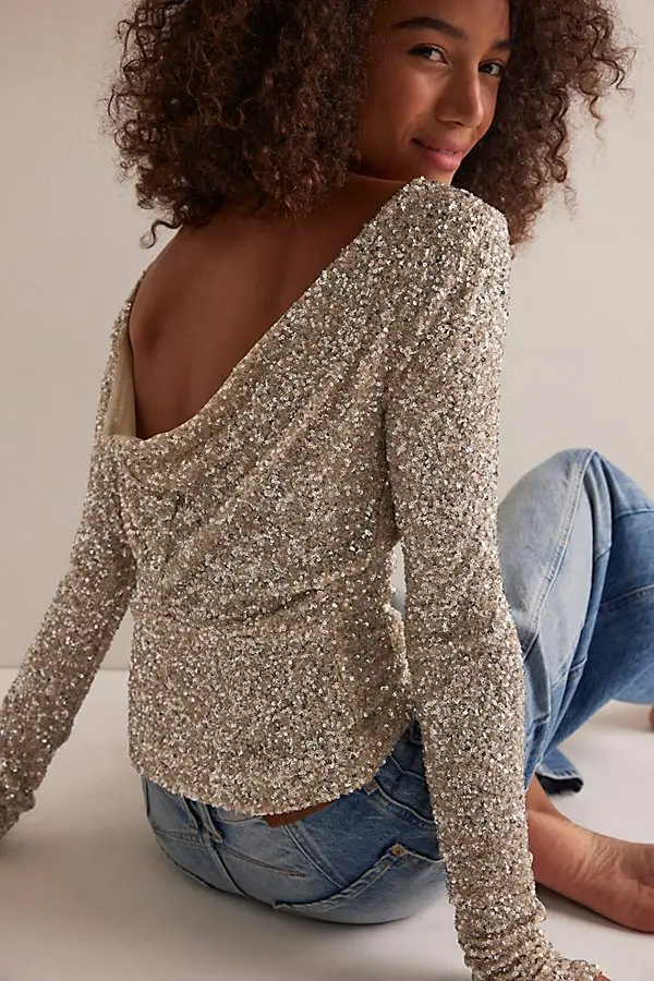 Free People Sequin Embellished Long Sleeve Top - Silver