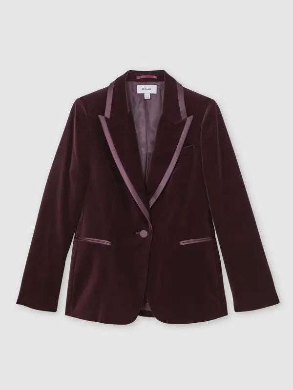 REISS Elia Velvet Single-breasted Suit Blazer - Burgundy