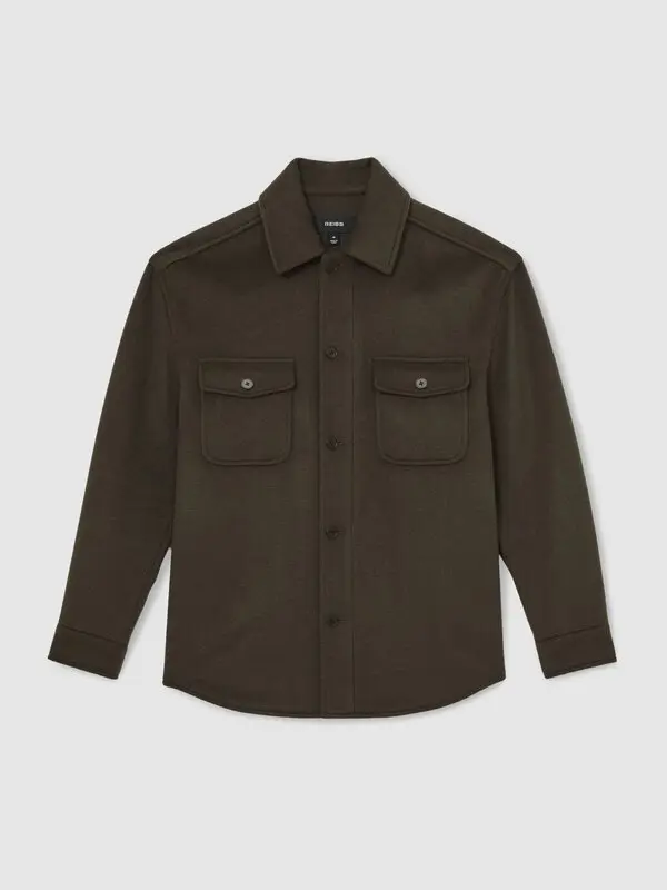 REISS Liam Wool-blend Twin-pocket Overshirt - Khaki Green