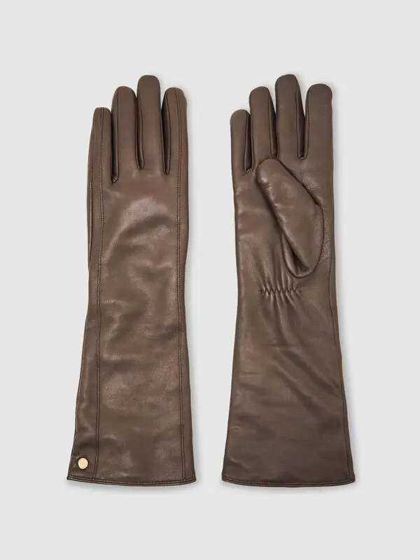 REISS Iris Long Leather Gloves - Taupe