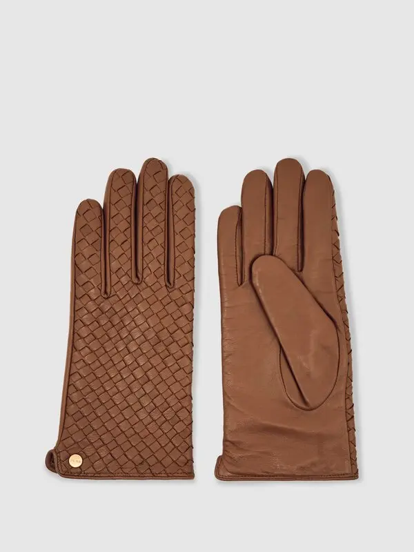 REISS Giana Woven Leather Gloves - Tan