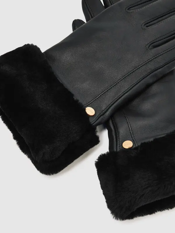 REISS Audrey Leather Gloves With Faux Fur Cuffs