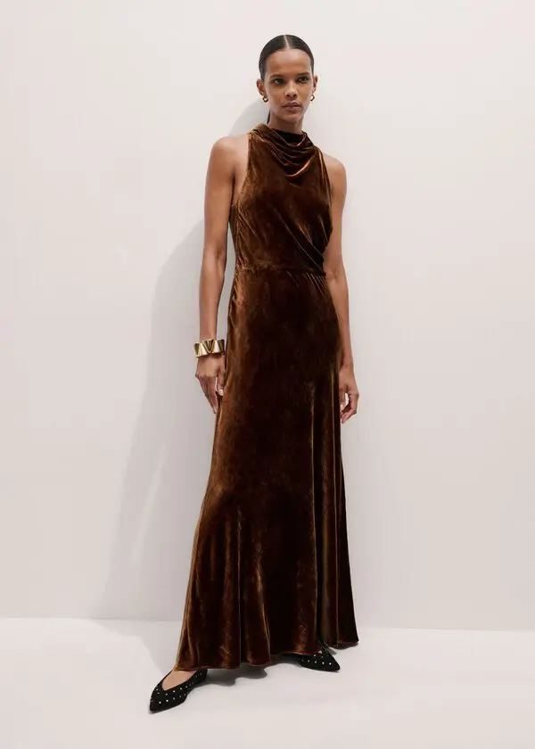 ME+EM Silk Blend Velvet Draped Full Length Dress - Burnt Caramel