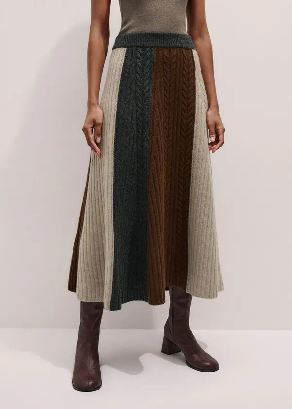ME+EM Merino Cashmere Patched Cable Knit Maxi Skirt - Hazelnut Mélange Multi