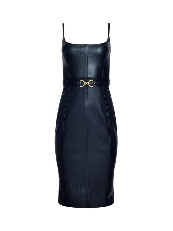 L'Agence Halia Vegan Leather Midi Dress - Midnight - 50% Off | Editorialist