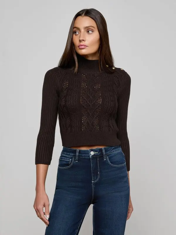 L'Agence Kamdyn Cropped Pullover Sweater - Coffee Bean/gold
