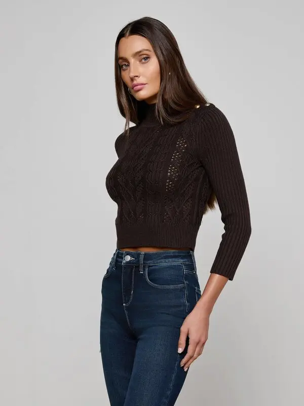 L'Agence Kamdyn Cropped Pullover Sweater - Coffee Bean/gold