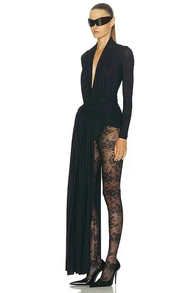 Balenciaga Long Sleeve Plunge Neck Asymmetrical Swimwear Dress
