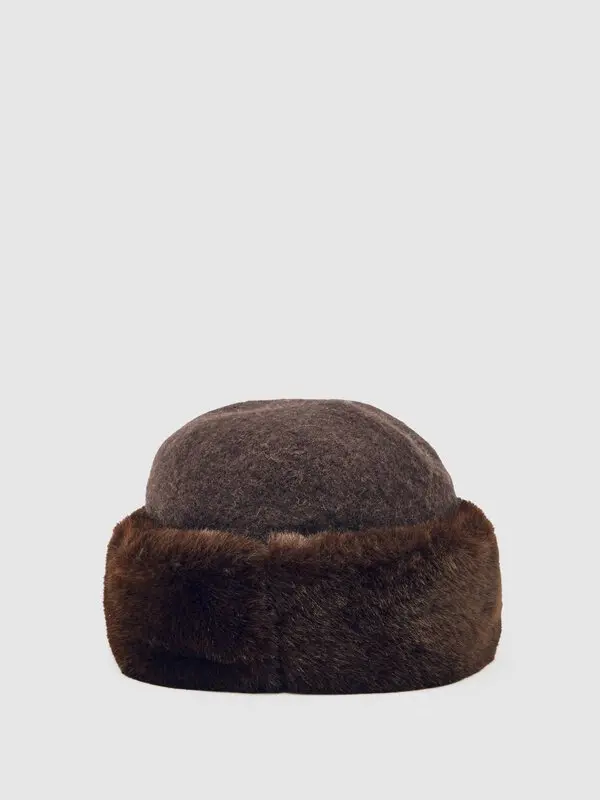 REISS Faux Fur Hat - Chocolate