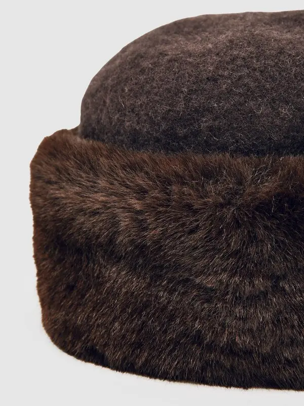REISS Faux Fur Hat - Chocolate
