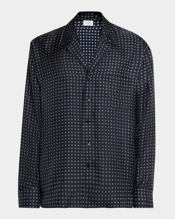 Saint Laurent Silk Micro-medallion Long-sleeve Pajama Shirt - Blue