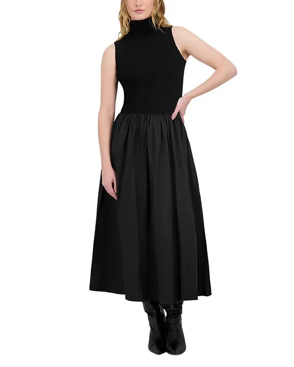 POINT Mixed Media Turtleneck Midi Dress - Black