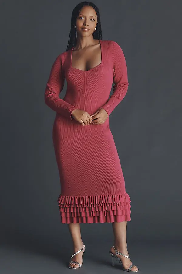 Anthropologie Slim Ruffle Sweater Midi Dress - Pink