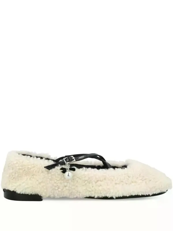 JIMMY CHOO Eleri Shearling Ballerinas With Patent Crossover Straps And Pearl Embellishment - Neutrals