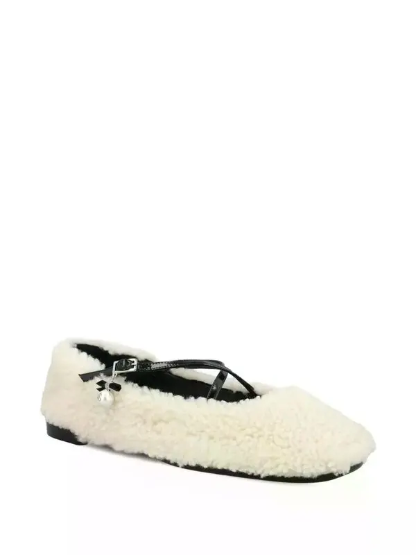 JIMMY CHOO Eleri Shearling Ballerinas With Patent Crossover Straps And Pearl Embellishment - Neutrals