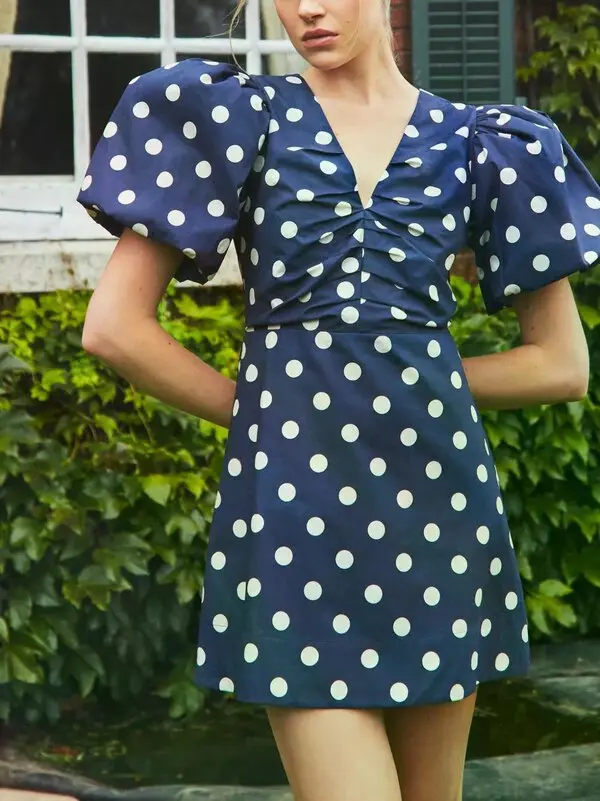 blue polka dot puff sleeve dress Shop Lisbon Navy Polka Dot Puff Sleeve Midi Dress main image 1