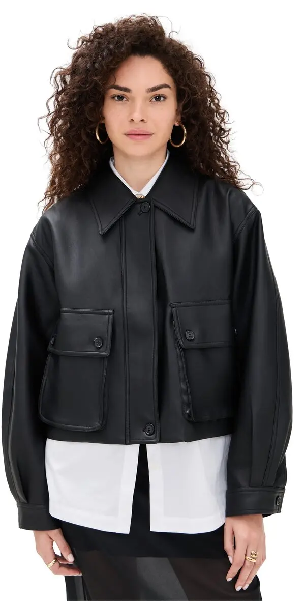 Pixie Market Patch Pocket Faux Leather Jacket - Black