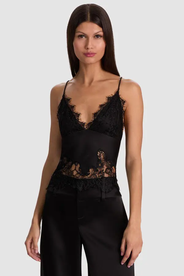 Alice + Olivia Claudia Lace Slip Top - Black