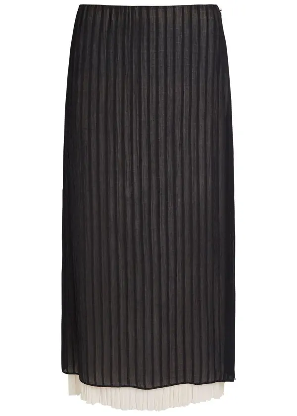 Vince Layered Striped Plissé Midi Skirt