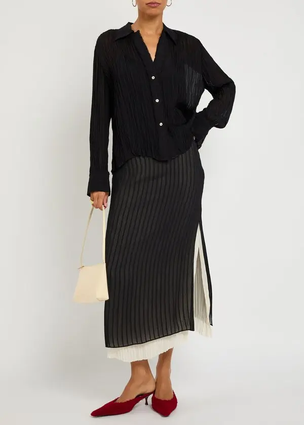 Vince Layered Striped Plissé Midi Skirt