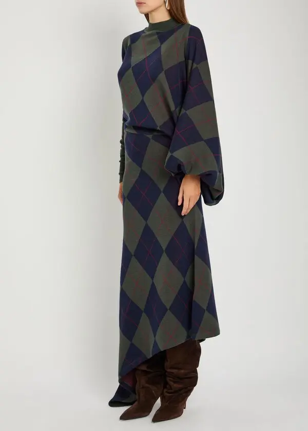 A.W.A.K.E. Mode Asymmetric Argyle Merino Wool Maxi Jumper Dress - Navy