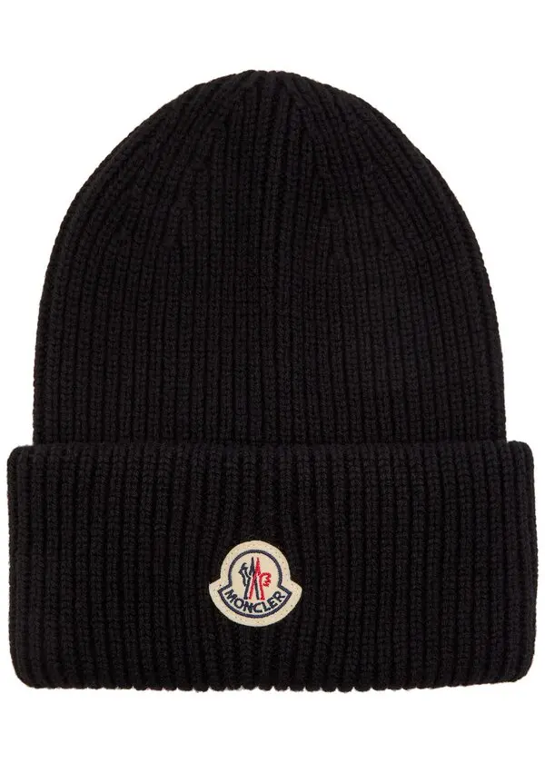 Moncler Logo Ribbed Wool And Cashmere-blend Beanie - Black
