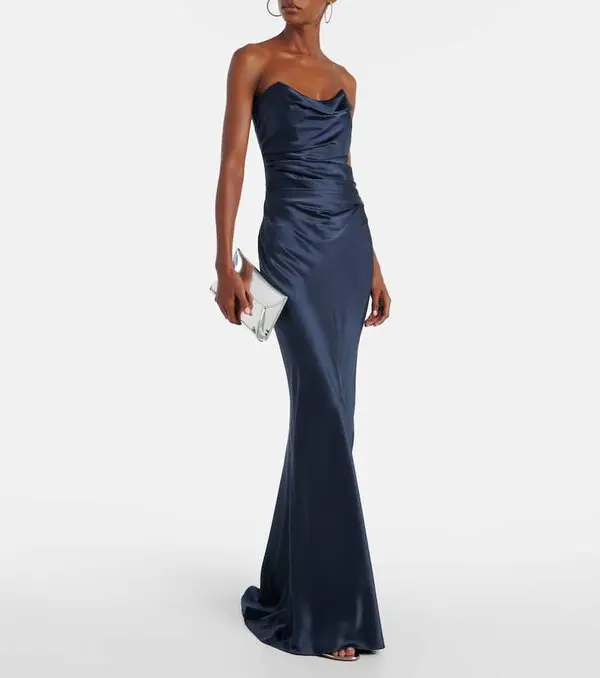 The Sei Ruched Strapless Silk Satin Corset Dress - Blue | Editorialist