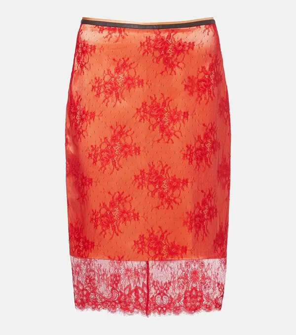 JACQUES WEI Embroidered Leather-trimmed Lace Midi Skirt - Red