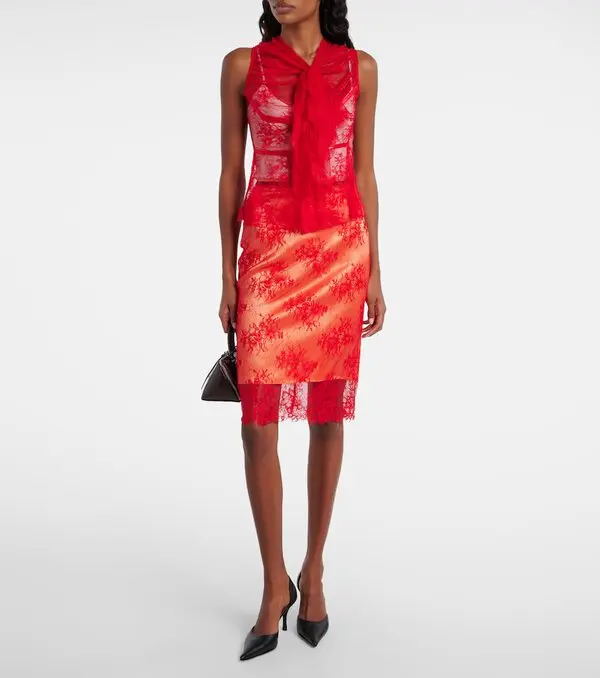 JACQUES WEI Embroidered Leather-trimmed Lace Midi Skirt