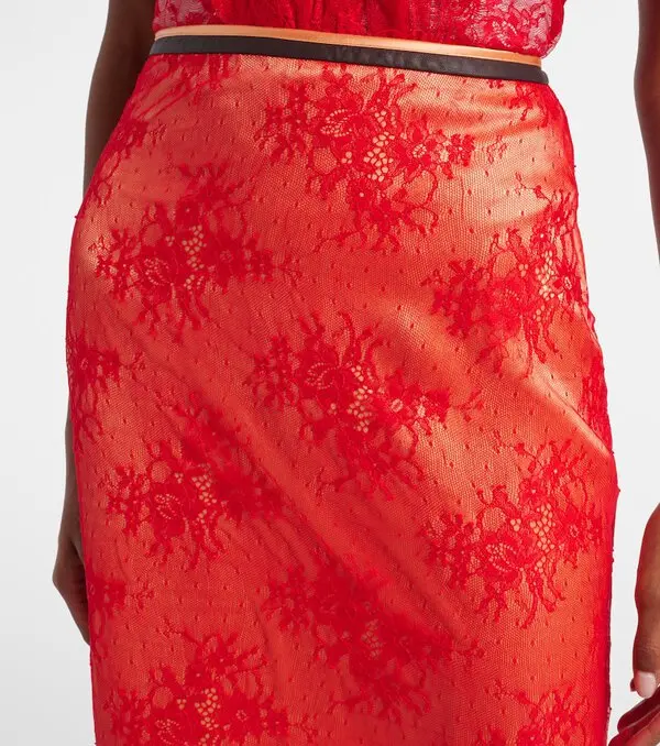 JACQUES WEI Embroidered Leather-trimmed Lace Midi Skirt