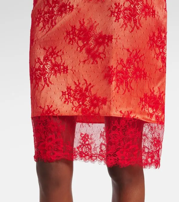 JACQUES WEI Embroidered Leather-trimmed Lace Midi Skirt