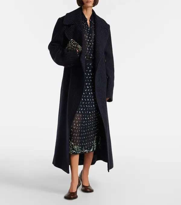 Dries Van Noten Belted Pinstriped Wool Coat