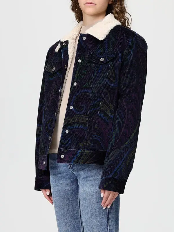 Etro Paisley Print Corduroy Jacket With Shearling Collar