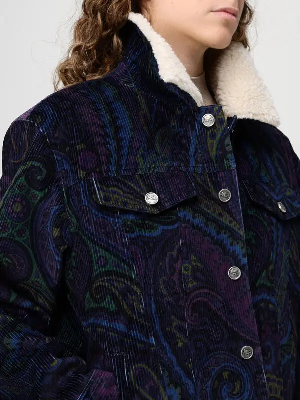 Etro Paisley Print Corduroy Jacket With Shearling Collar