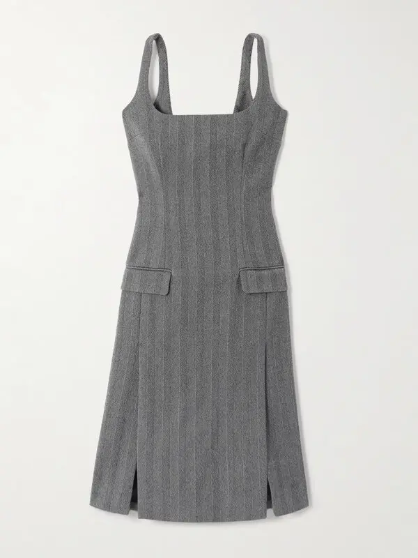 FERRAGAMO Striped Herringbone Wool-blend Dress