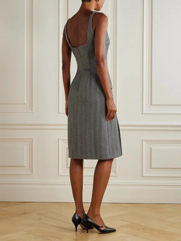 FERRAGAMO Striped Herringbone Wool-blend Dress